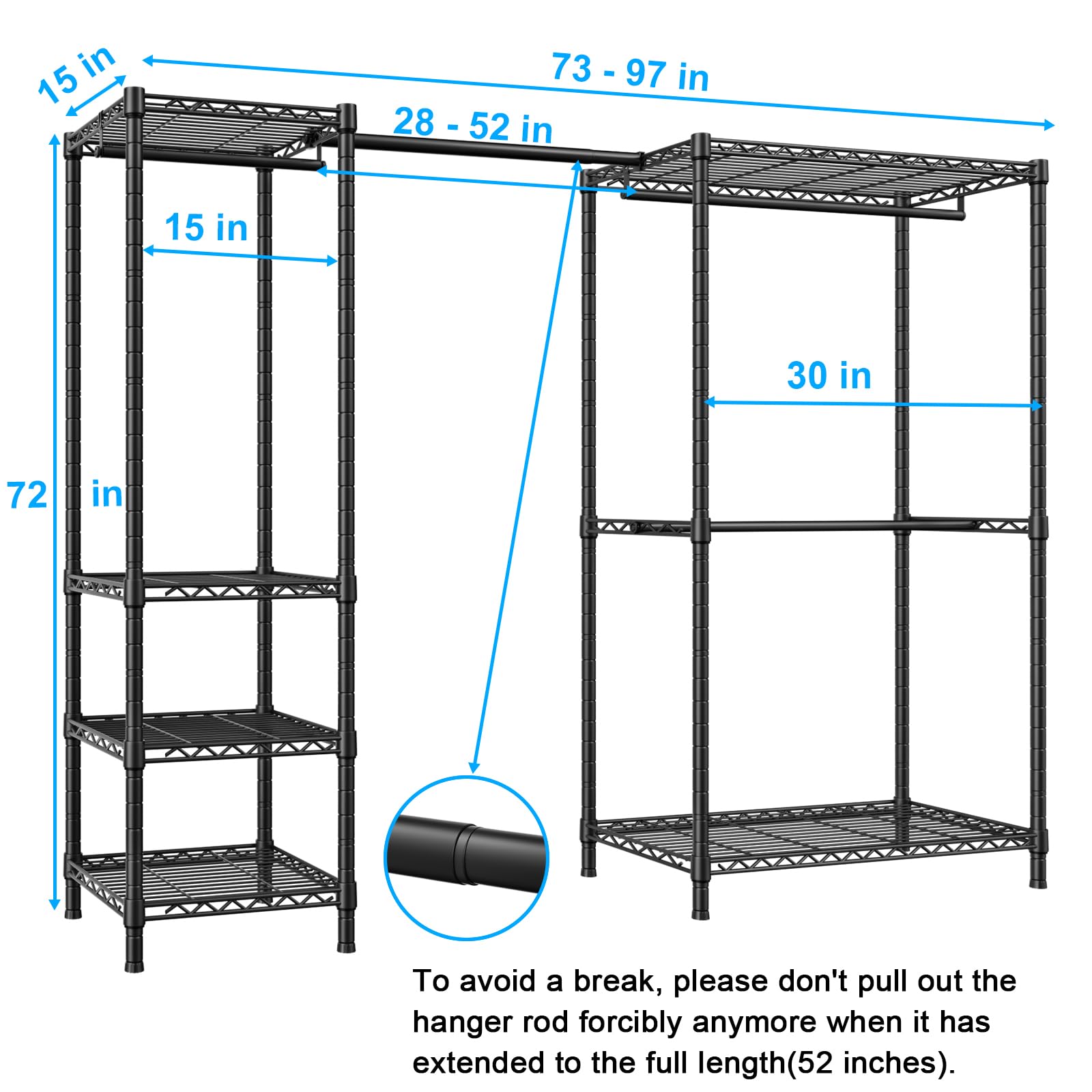 Ulif E10 Clothes Rack(With Stretchable Hanger Rod)Freestanding Clothing Racks for Hanging Clothes,Adjustable Closet Organizer System,Portable Garment Rack 73-97"W x 15" D x 72" H,Max Load 800LBS,Black