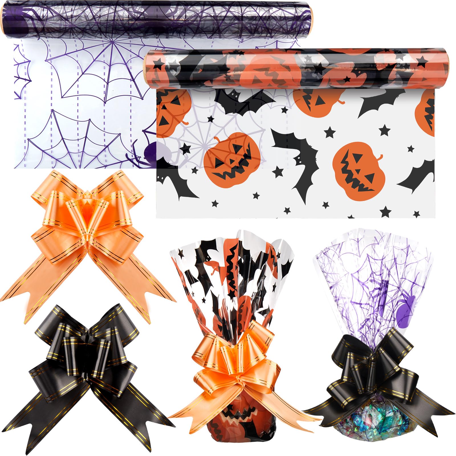 Halloween Cellophane Wrap Set include 2 Pack 100 Ft Long x 16 In Wide Cellophane Wrap Roll with 40 Pull Bows, Halloween Baskets Arts Crafts Halloween Party Supplies