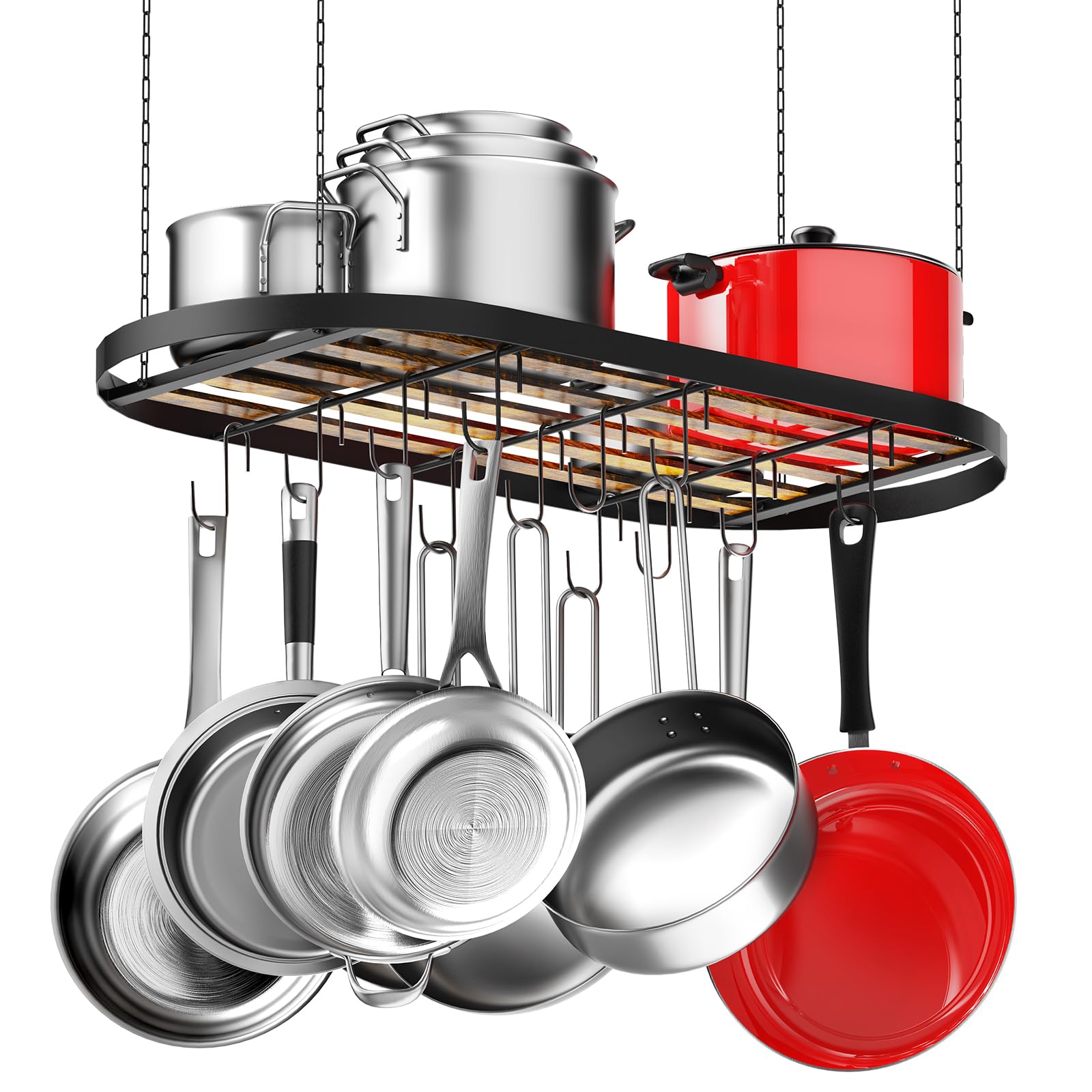 LiebeRen Pot Rack Hanging, Pot Hanger for Kitchen Ceiling, Hanging Pot Rack Ceiling Mount(33"x 16.5"x 1.2"inches, Ceiling Pot Rack with 12 Hooks, Pot and Pan Hanger Made of Wood and Iron.(Black)