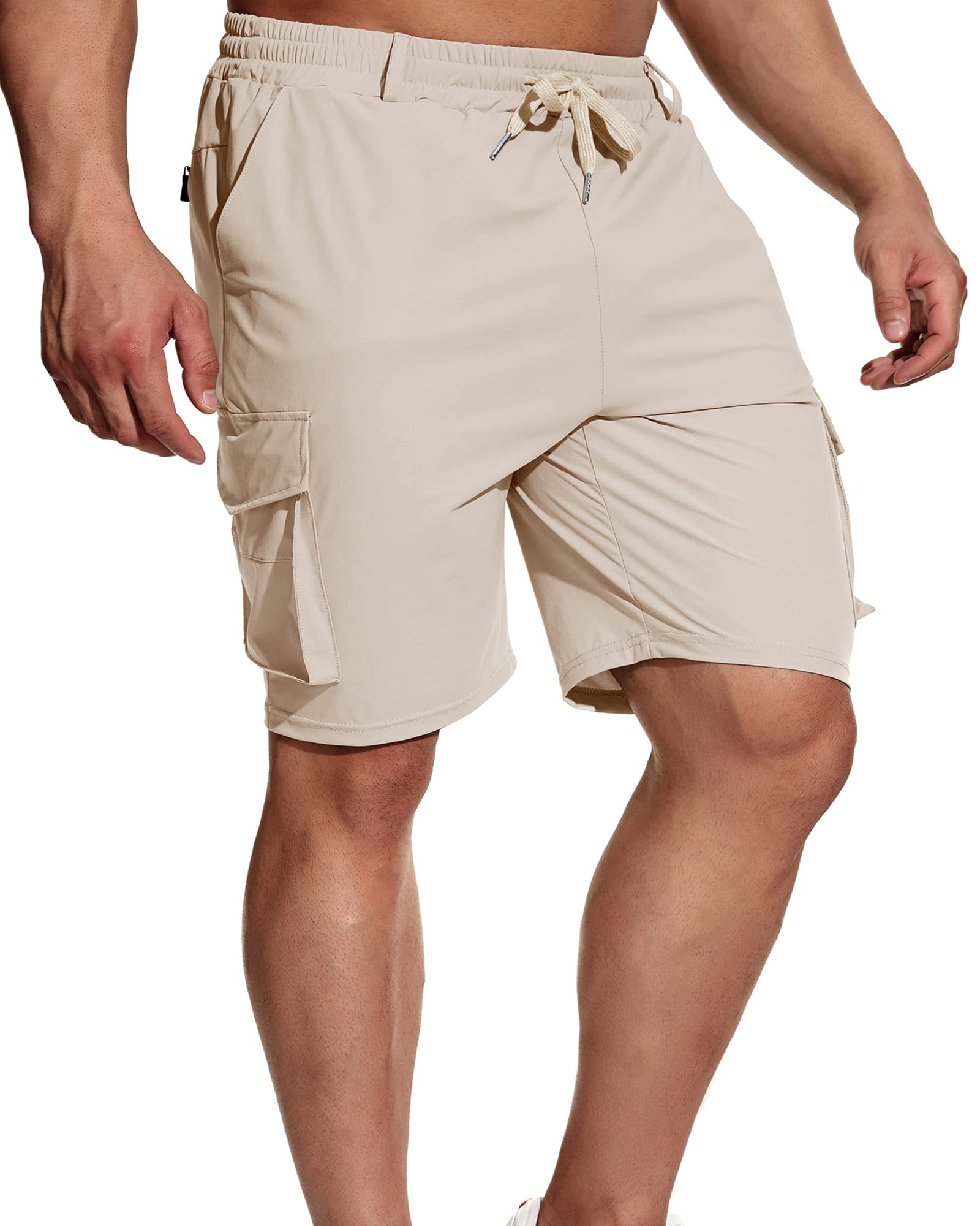 NeedBo Mens Hiking Cargo Shorts Quick Dry Outdoor Stretchy Tactical Shorts with Multi Pockets for Camping Fishing Khaki L