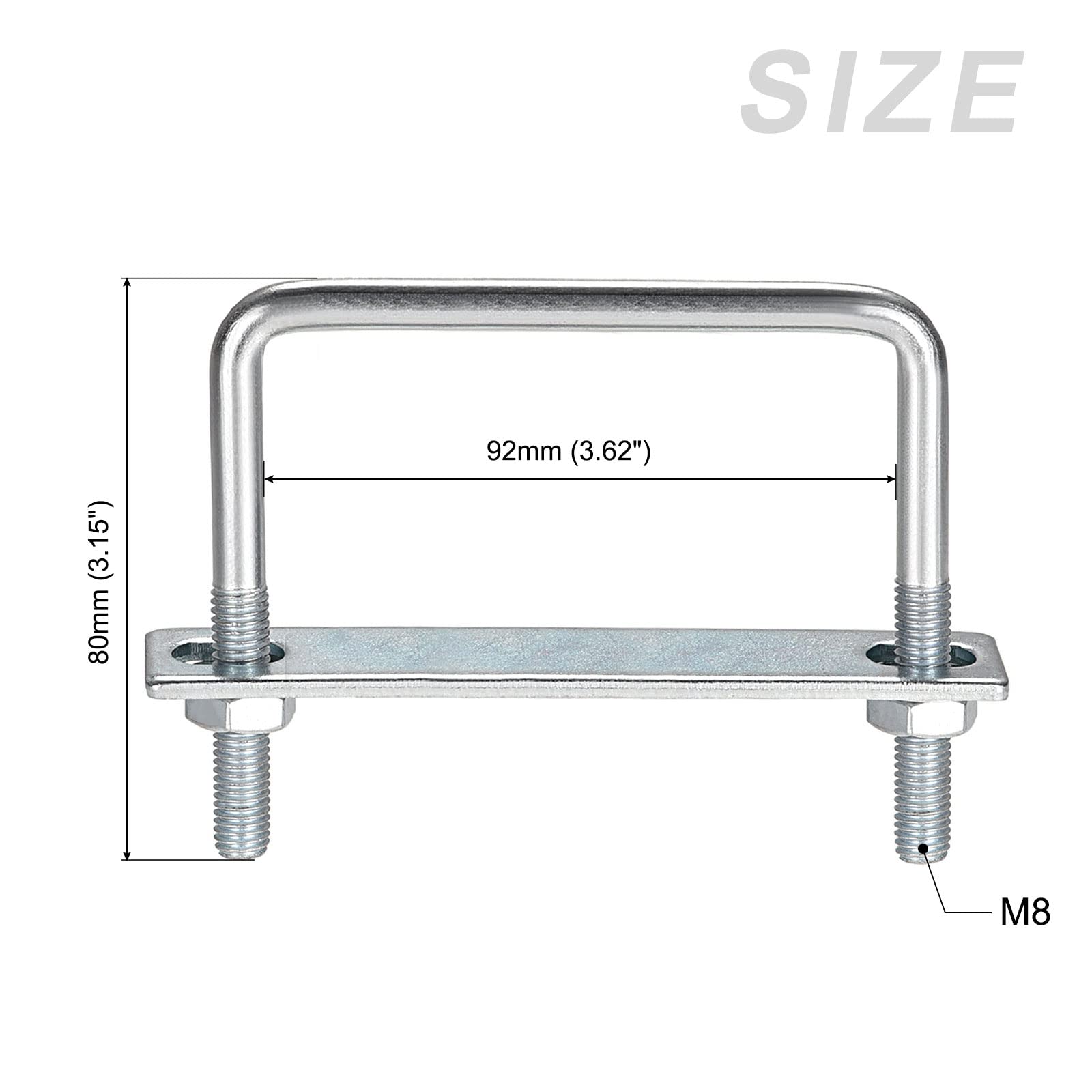 METALLIXITY U Bolts 2 Sets (M8x92x80mm), Square U Bolt Carbon Steel with Accessories - for Construction, Pipe