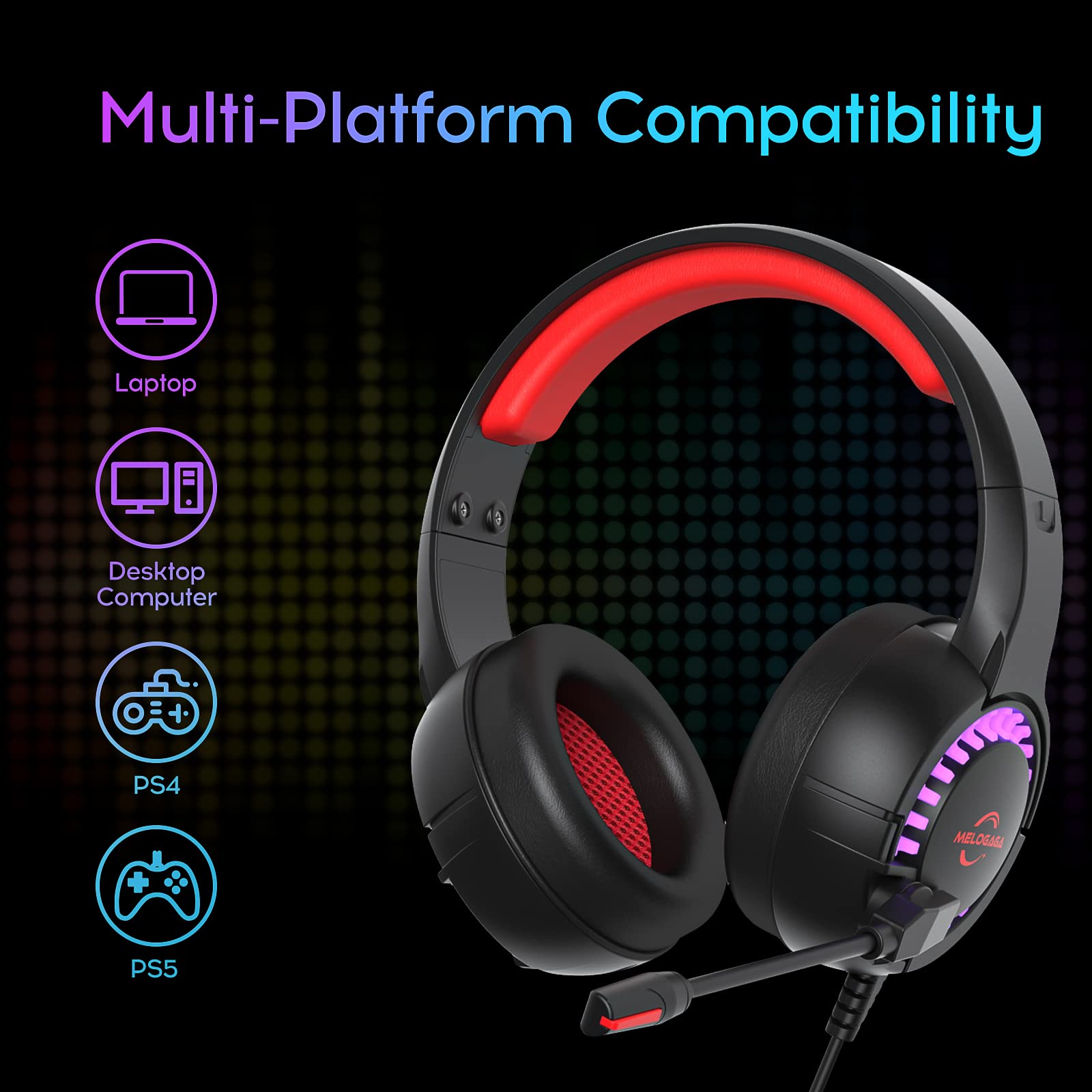 MELOGAGA USB Gaming Headset for PC PS4 PS5, 7.1 Surround Sound Headphones with RGB Breathing LED Lights& Noise Canceling Microphone, Over-Ear Game Headset for Playstation Console Laptops Computer