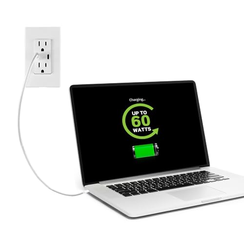 Leviton T5636-W 60W USB Dual Type-C Power Delivery In-Wall Charger with 15A Outlet, USB Charger for Laptops, Smartphones, Tablets, and More, White