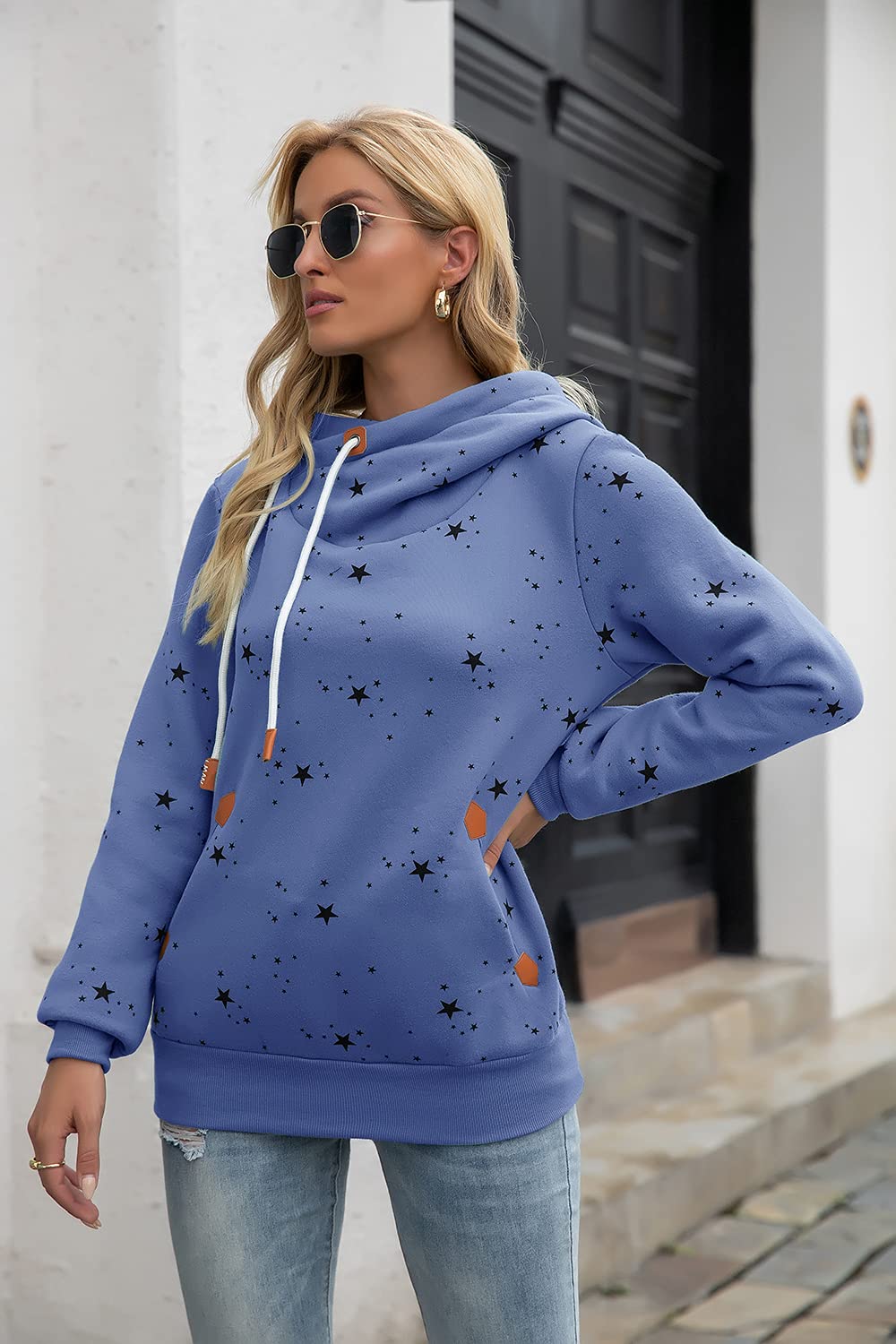 Kapoohott Womens Hoodies Long Sleeve High Necked Printed Hoodies Casual Comply Pullover Sweatshirts with Pockets(Blue,S)