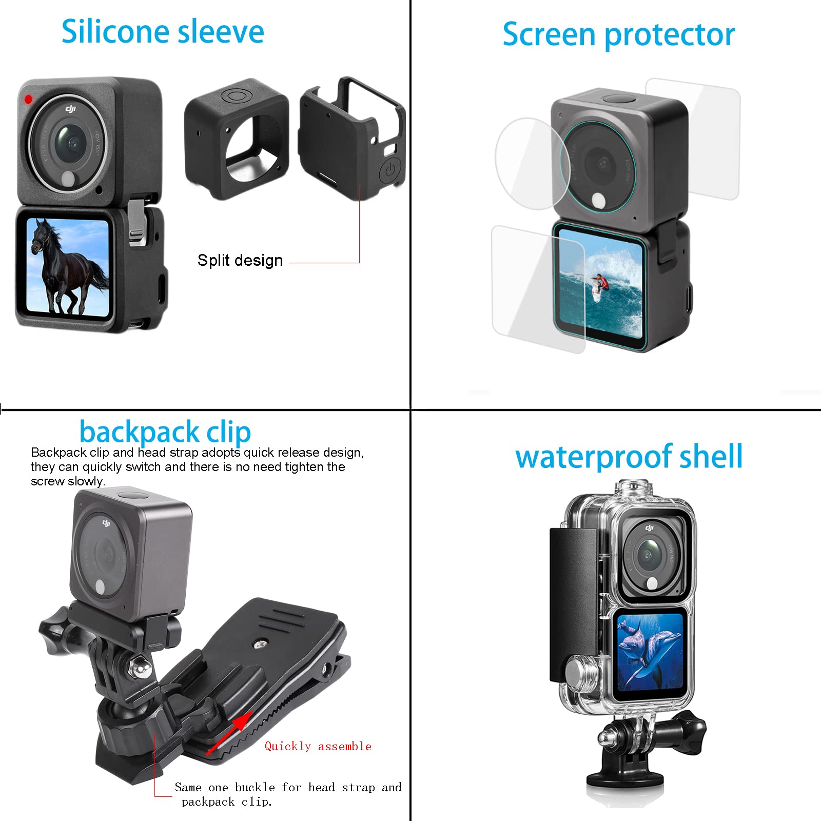 PellKing Accessories Kit for DJI Action 2,Including Hard Shell Carrying Case with Shoulder Belt,Tripod,360 Degree Rotation Backpack Clip,Head Strap,Screen Protector,Waterproof Shell,Silicone Sleeve