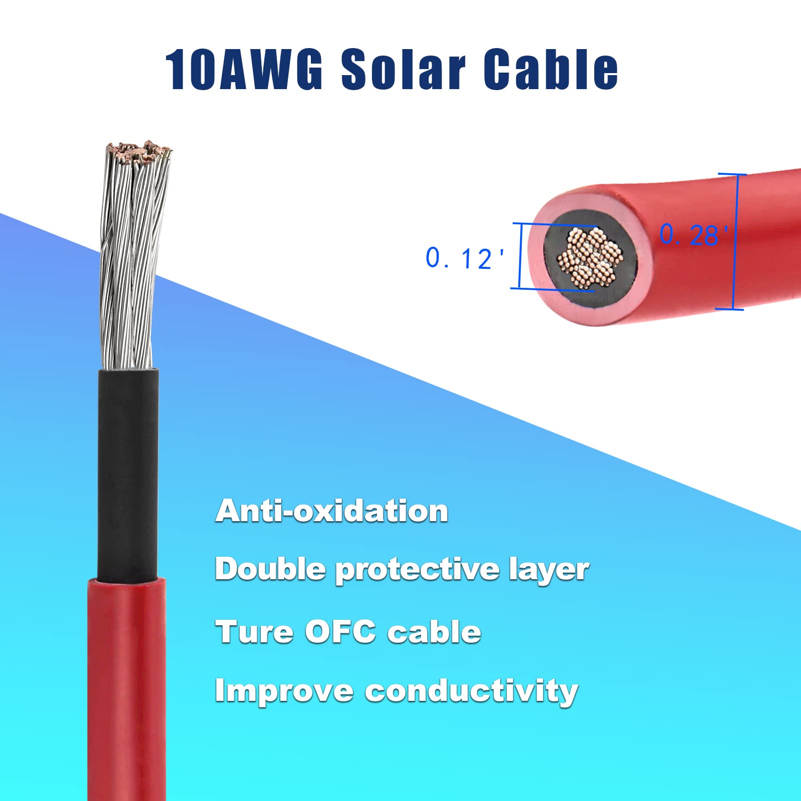 Kimbluth 10 AWG Solar Wire 10FT Red & 10FT Black Tinned Copper Wire, 10 Gauge Solar Panel Cable OFC Oxygen Free Copper Wire for Solar Panel Automotive Trailer Marine Outdoors (Red&Black)