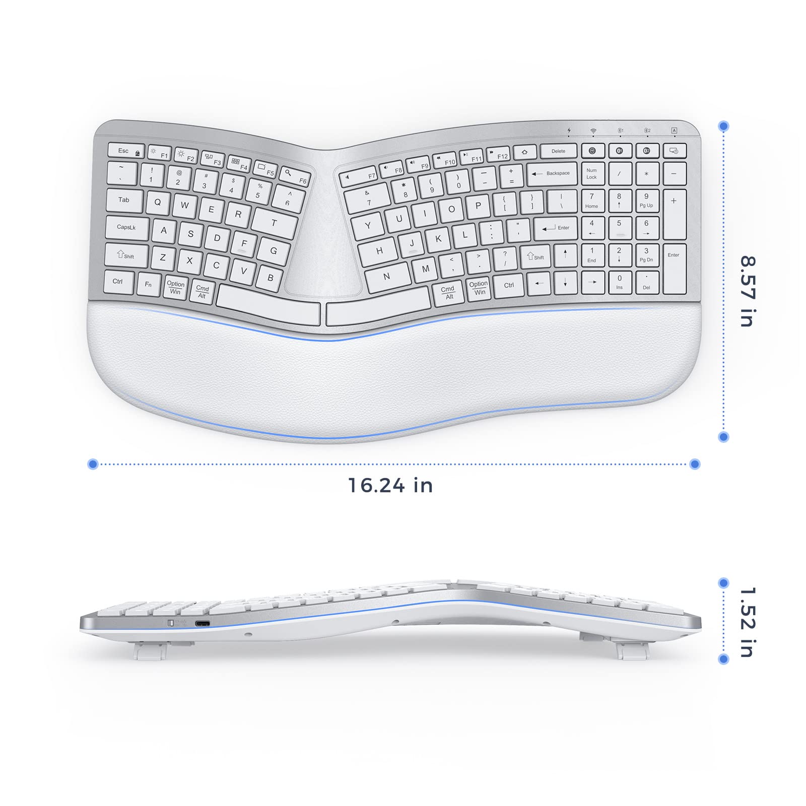 PEIOUS Ergonomic Keyboard, Bluetooth Keyboard Multi-Device Rechargeable with Split Keyboard Layout and Wrist Rest, USB Ergo Wireless Keyboard for Mac and Windows, Laptop, Computer, Silver