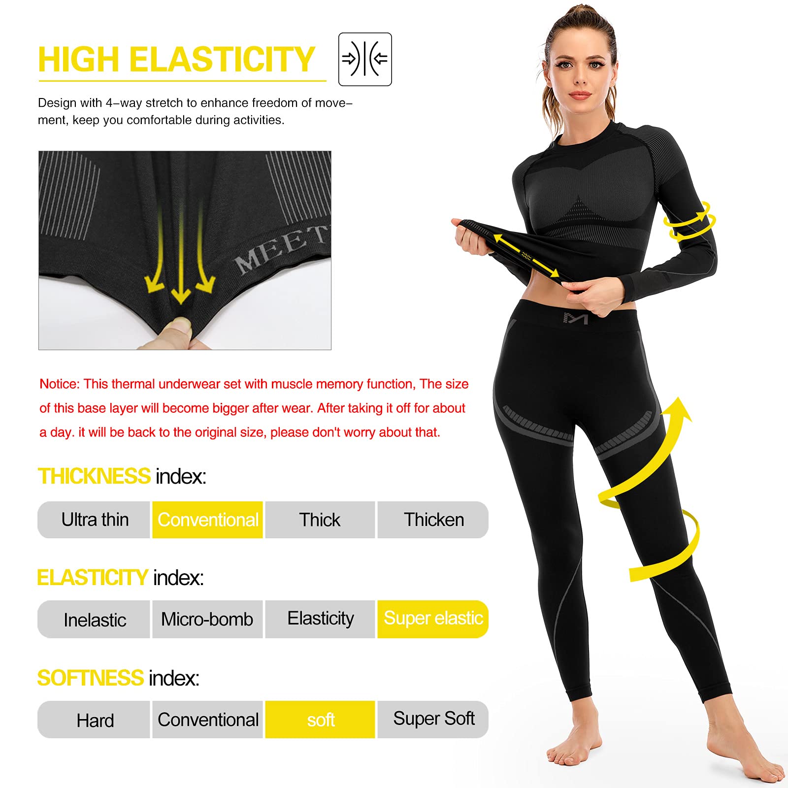 MEETYOO Women's Thermal Sets Winter Warm Base Layer Sport Long Top Bottom Cold Weather Gear Skiing Running Underwear, Gray, Small
