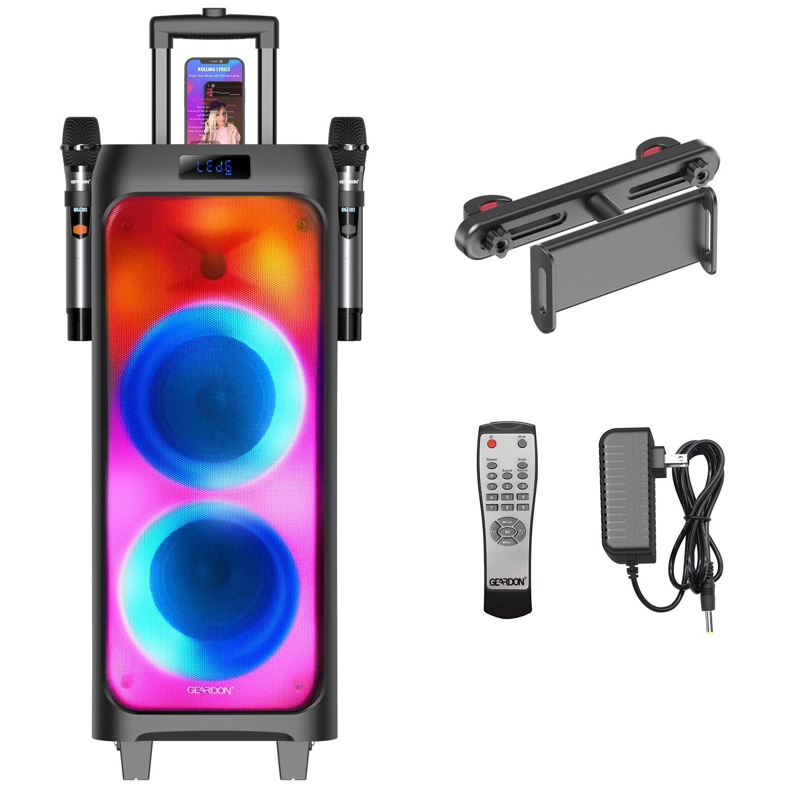 Karaoke Machine with Lyrics Display Screen for Adults, Built-in 15 Inches Tablet & Wifi, Portable Outdoor Bluetooth Loud-Speaker w/Wireless Microphones for Singing Party, Recording, DJ Lights