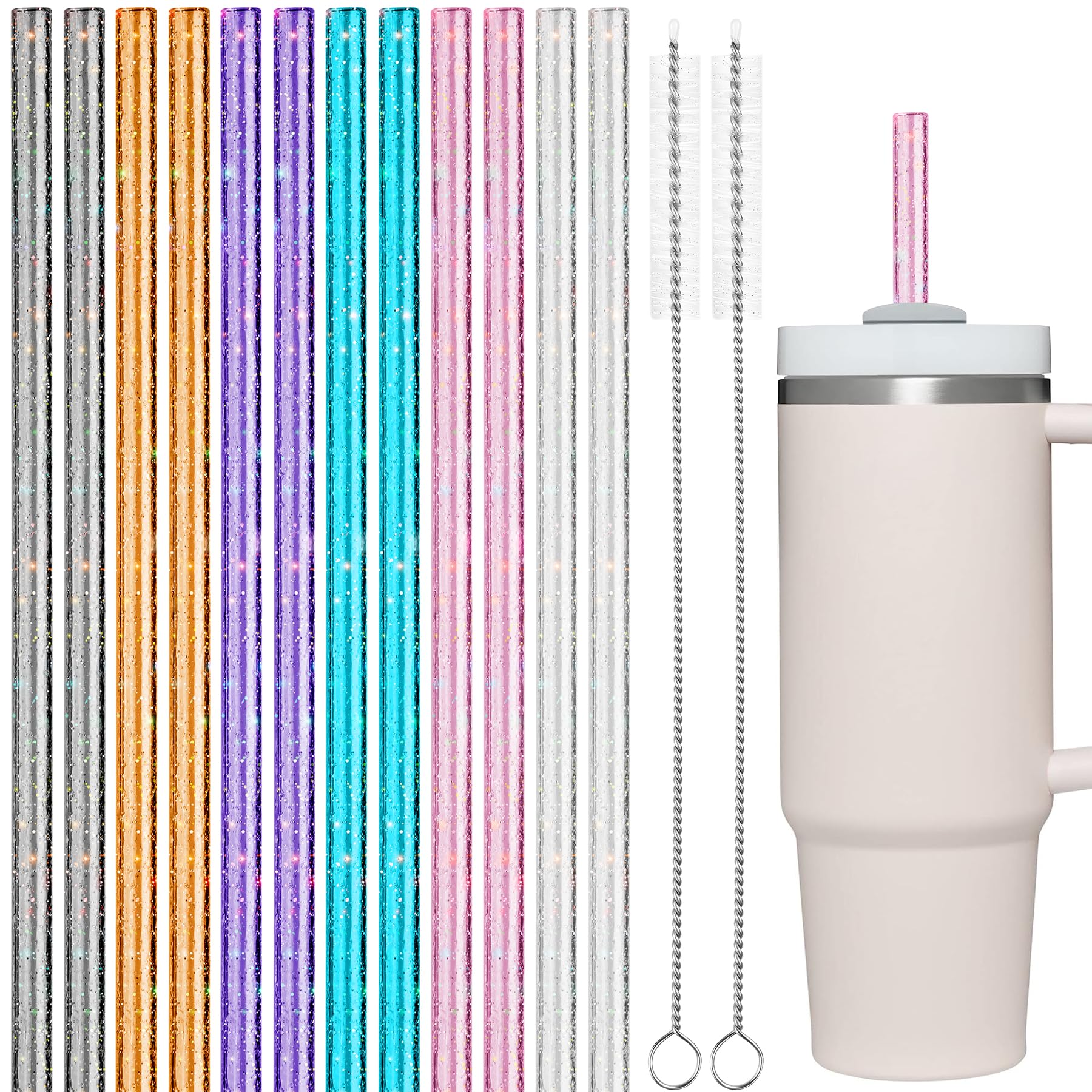 NiHome 40oz Straws, 12 Pack Glitter Plastic Replacement Straws for Stanley 40 oz Tumbler, 0.32ββ Diameter Reusable Straws 12ββ Long with 2 Brushes - Durable PETG, BPA-Free, w/Laser-Induced Sparkle