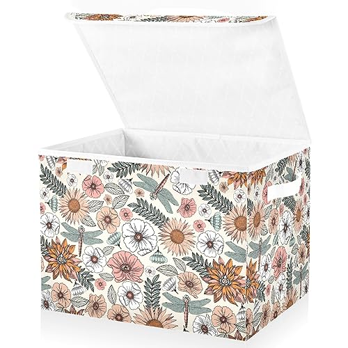 Krafig Foldable Storage Box Large Cube Organizer Bins Boho Flowers Containers Baskets with Lids Handles for Closet Organization, Shelves, Clothes, Toys