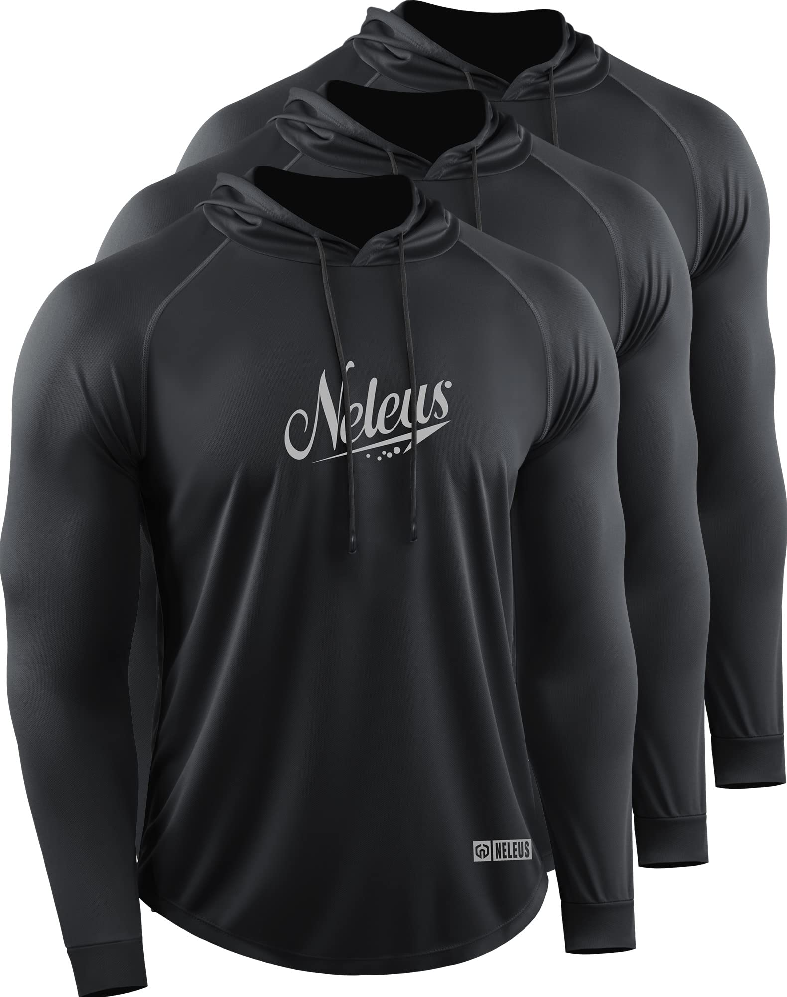 NELEUS Men's 3 Pack Running Shirt Long Sleeve Workout Shirts with Hoods,5137 Black/Black/Black,2XL