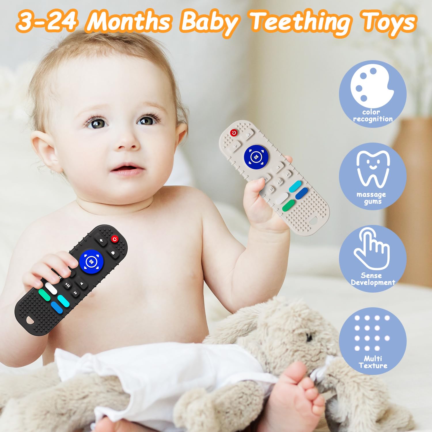 Mgtfbg 2 Pack Soft Silicone Teething Toys for Toddlers, Babies, Boys, Girls, 6-12 Months Baby Remote Control Shape Molar Teether Chew Toys Set Gift(Black+Grey)