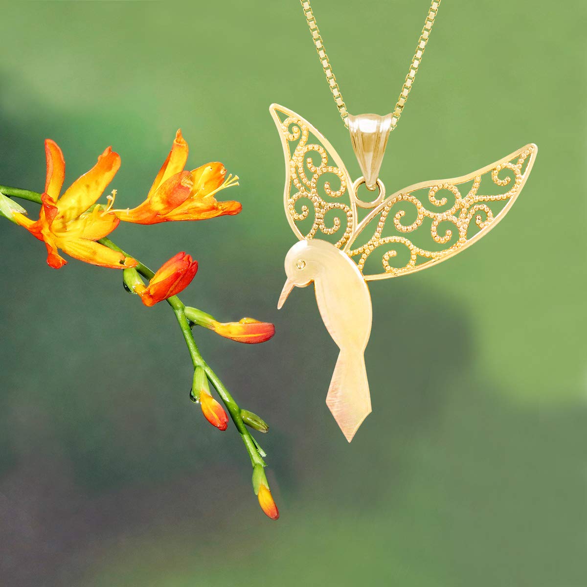 Honolulu Jewelry Company 14k Yellow Gold Humming Bird Necklace Pendant with 18" Box Chain