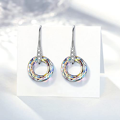 Malanda 925 Sterling Silver Circle Drop Earrings for Women Swarovski Crystal Hook Dangle Earrings Birthday Jewelry Gift for Mom (Crystal Aurora Borealis)