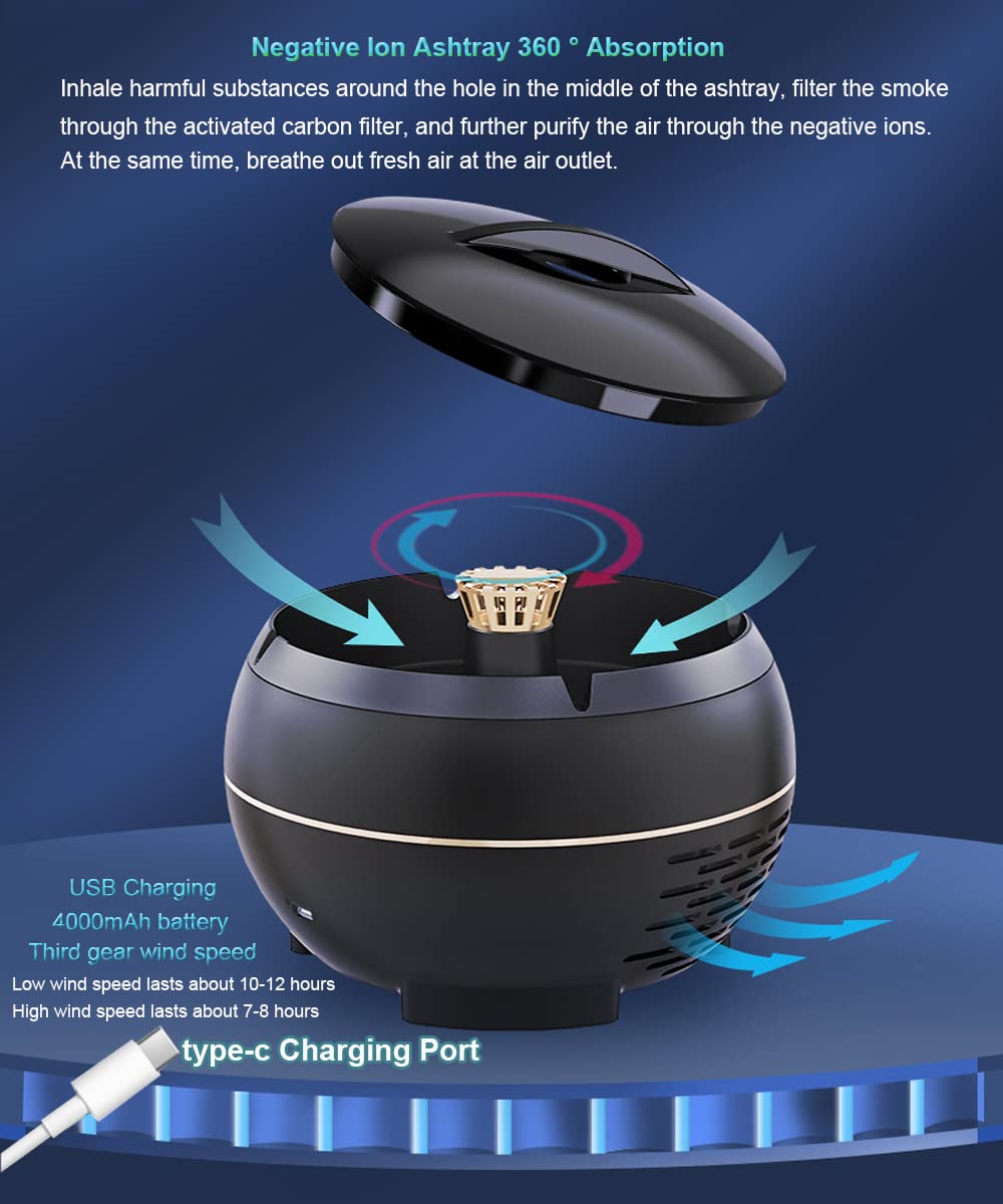 iLeefy 2 in 1 Air Purifier Multifunctional Smokeless Ashtray USB Rechargeable Ash Tray Electronic Ashtray with Filter, Best for Home Office (Black-2)