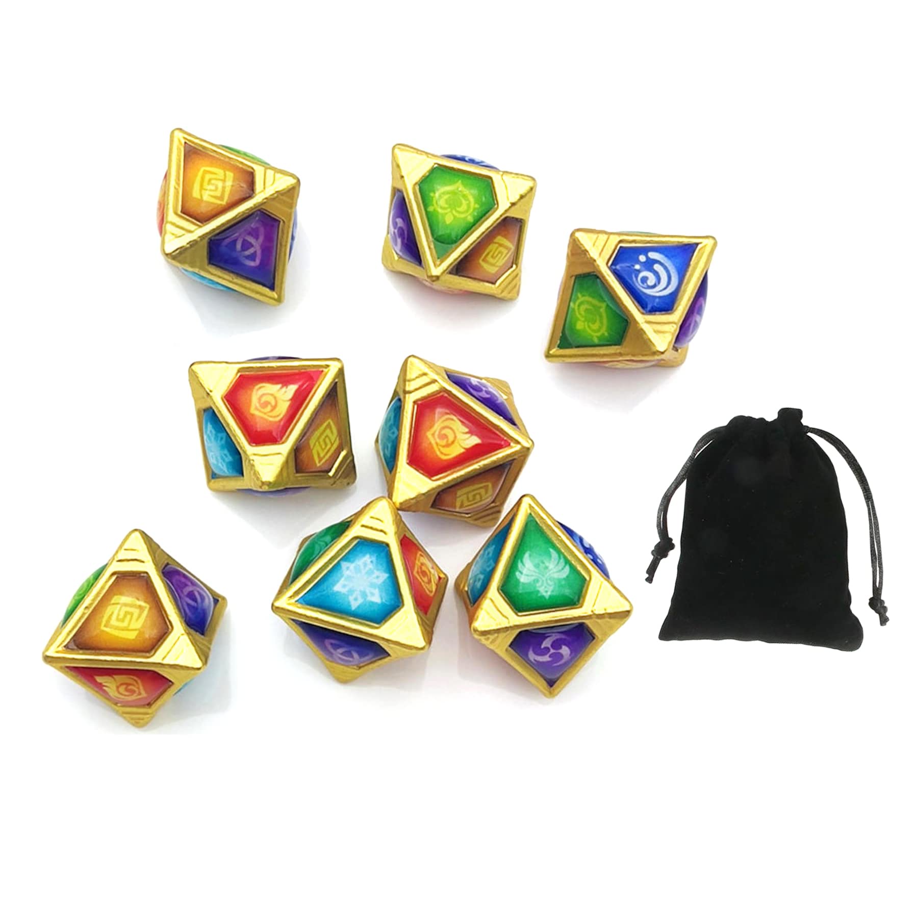 NISILA Genius Invokation Dice Set 8 with Dice Pouch for Genshin Impact TCG Playing Games, Element Polyhedral Metal Dice Set