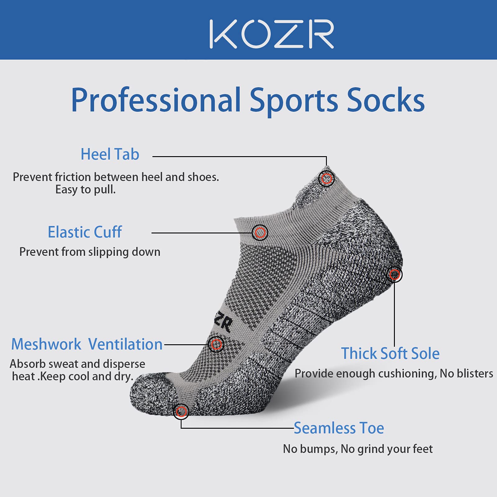 KOZR Ankle Athletic Running Socks 3/6 Pairs Pack, Low Cut Sports Tab Socks with Cushion for Men and Women