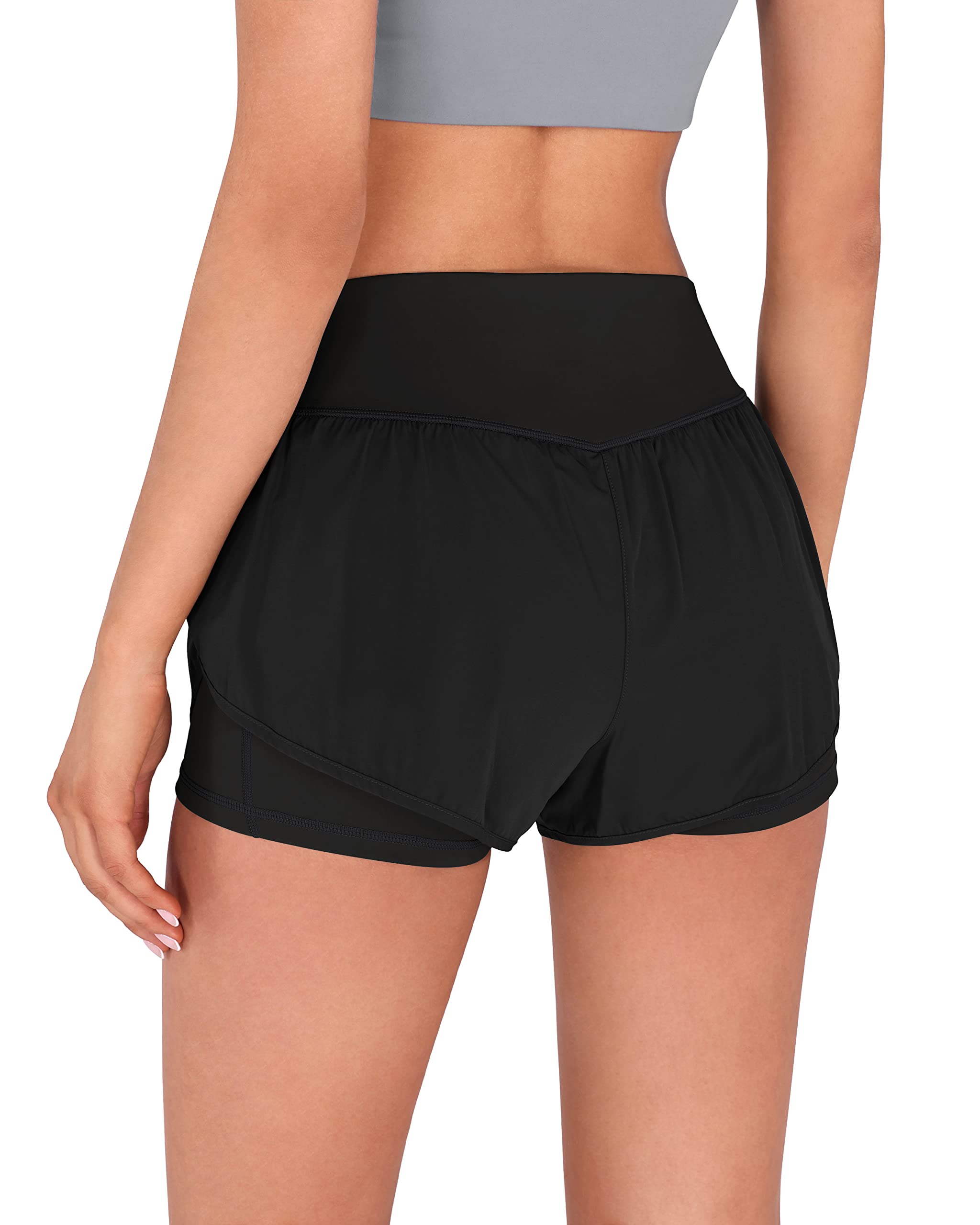 ODODOS Women's 2 in 1 Running Shorts with Pockets Workout Gym Sport Layer Biker Athletic Shorts, Black, Medium