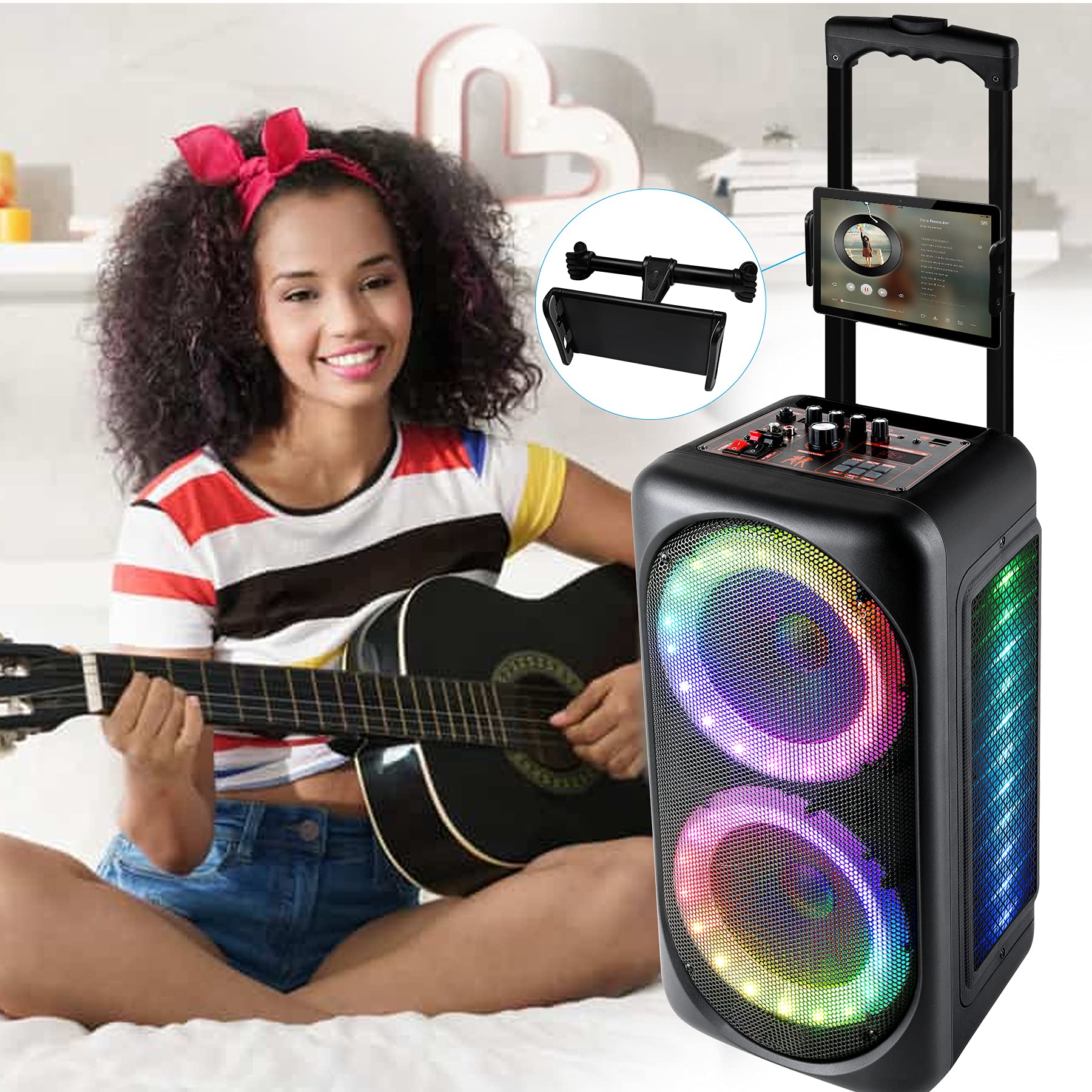 Karaoke Machine w. Microphone & Tablet Holder Rechargeable Wireless Portable Party Bluetooth Trolley Speaker Outdoor Amplifier System 8" x2 Dual Speakers 3-Side LED Disco Lights NuBoom