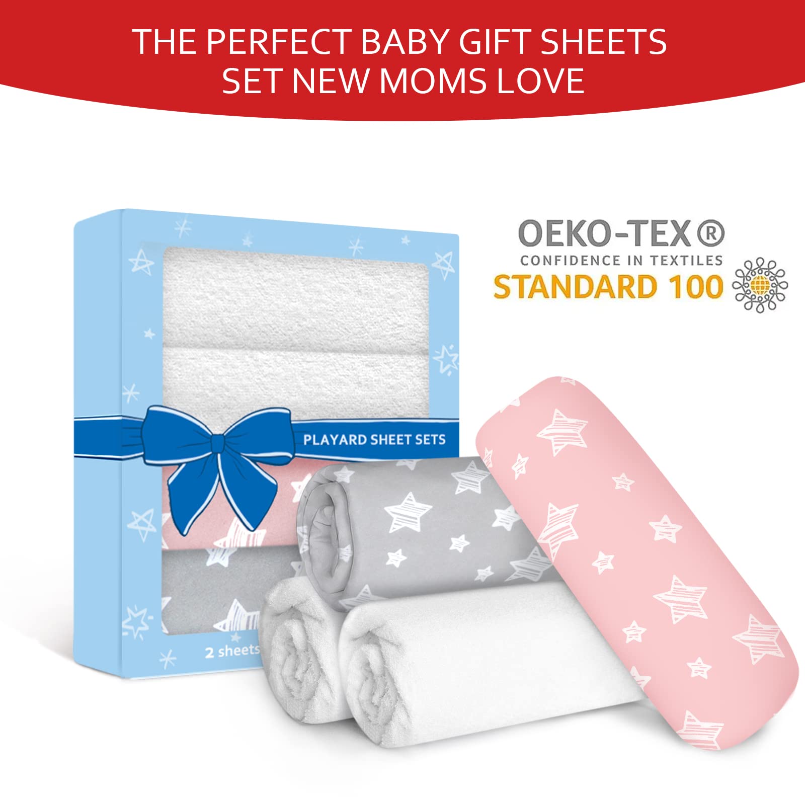 Pack and Play Sheets & Waterproof Terry Pack N Play Mattress Protector Pad Cover 4 Pack, Viscose Made from Bamboo Pack N Play Sheets Set, Grey & Pink