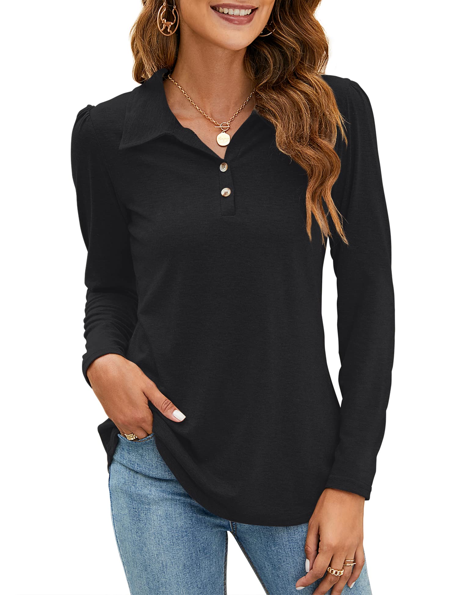 LOMON Women's Long Sleeve Polo Shirts and Blouses Business Casual Collared Tunic Shirt Black XL