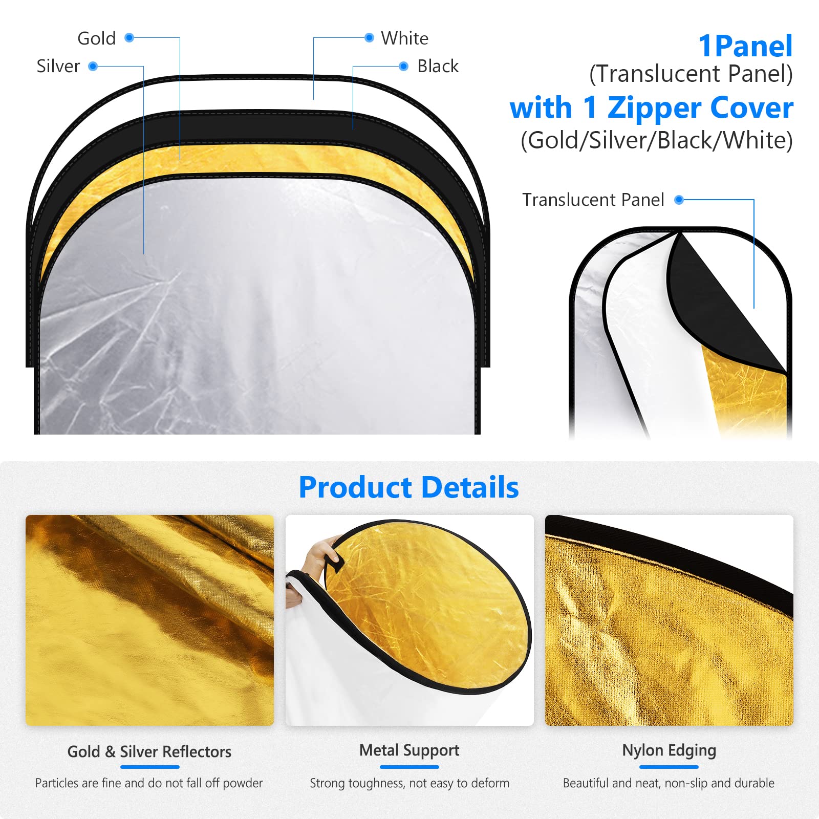 NEEWER 59"x79"/150x200cm Light Reflectors for Photography, Portable 5 in 1 Collapsible Multi Disc with Bag - Translucent, Silver, Gold, Black, White Diffuser for Studio and Outdoor Lighting