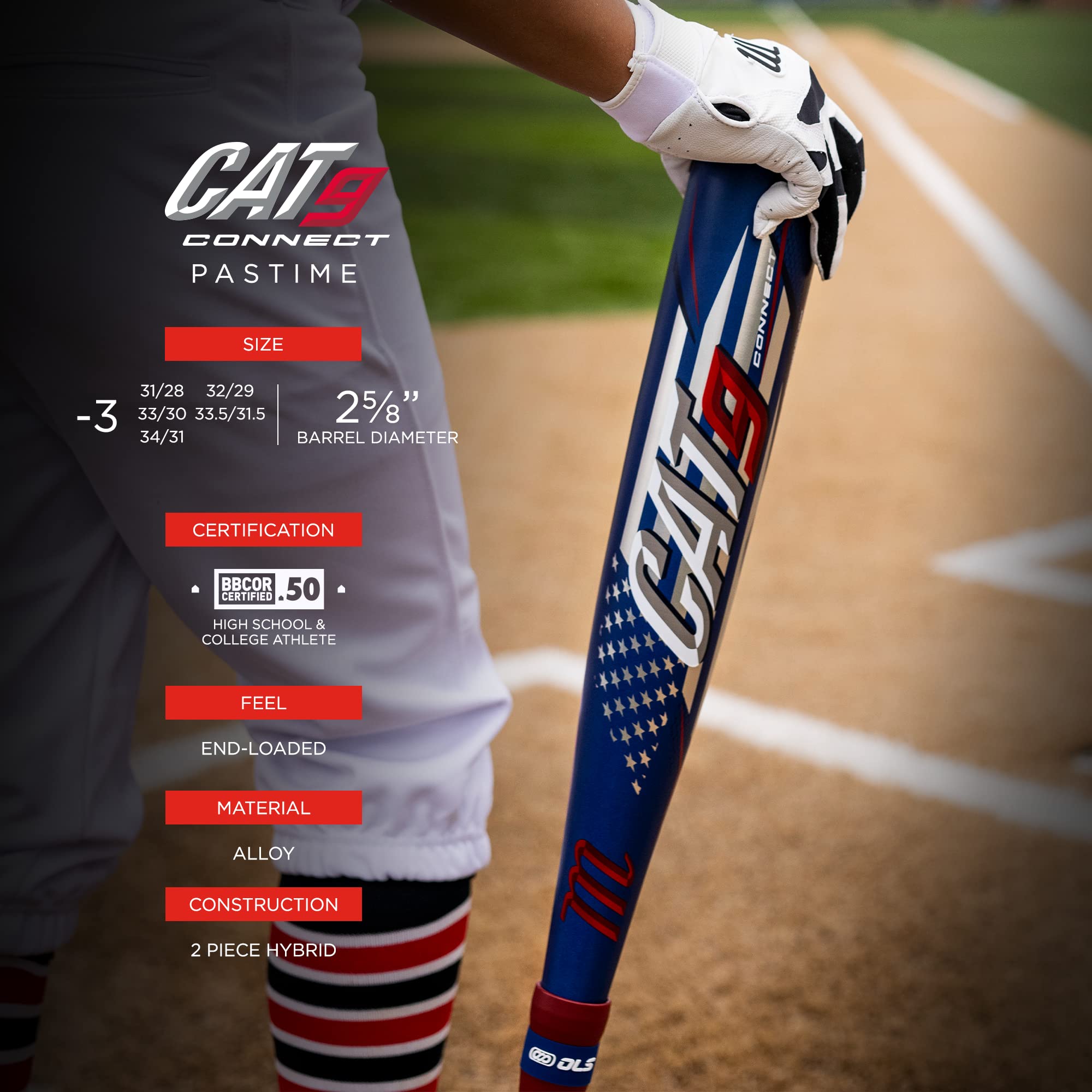 Marucci CAT9 CONNECT PASTIME -3 BBCOR Metal Baseball Bat, 2 5/8" Barrel