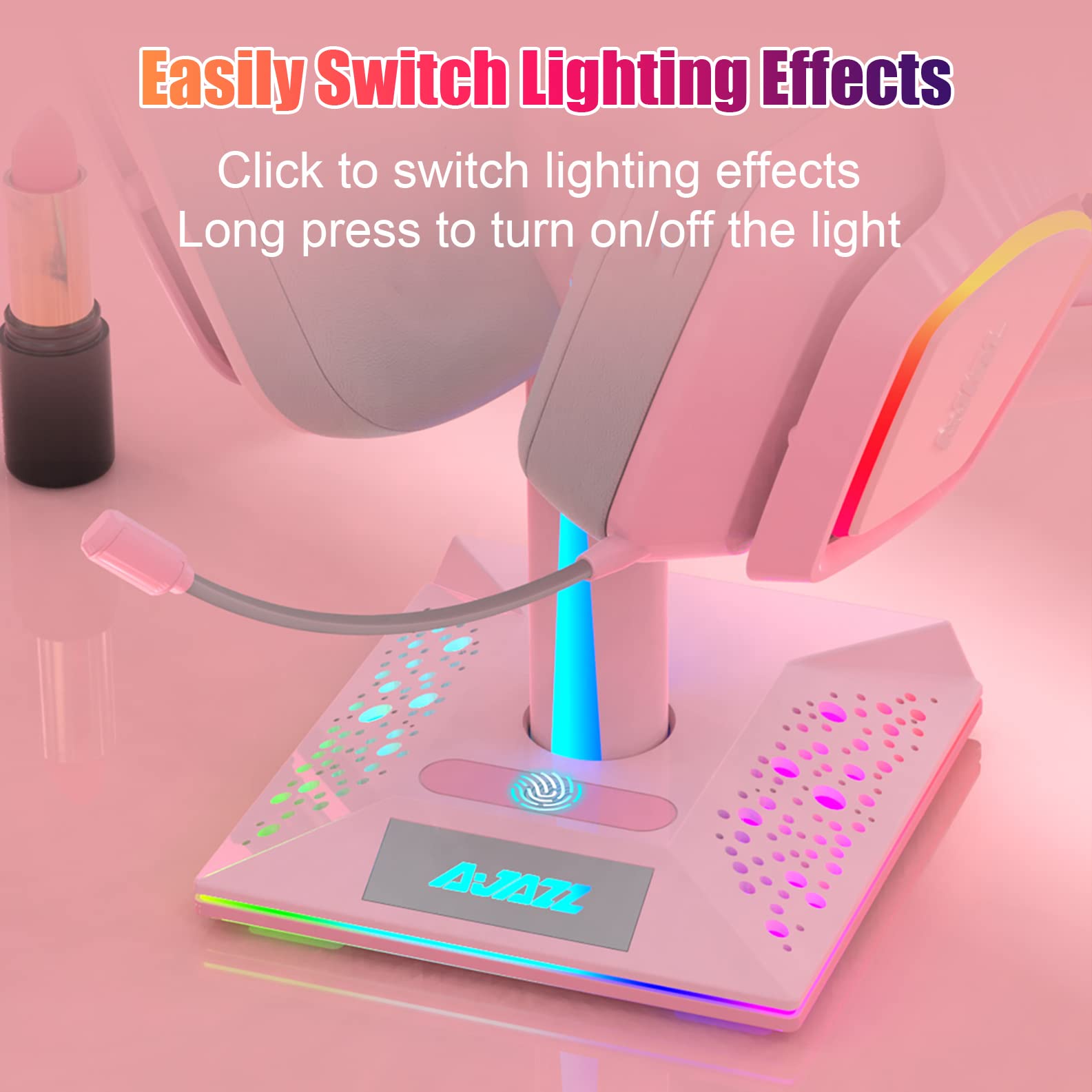 Lomiluskr EB01 RGB Headphone Stand with 2 USB Ports and 3.5mm AUX, 14 RGB Lighting Effects, Desk Gaming Headset Holder Hanger Rack (Pink)