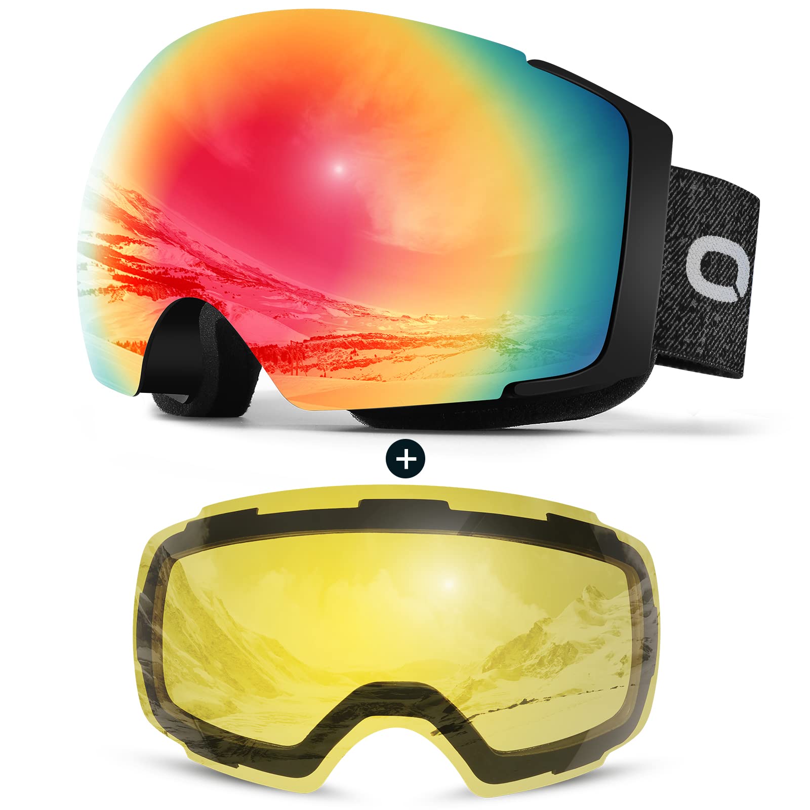 Odoland Bundle - 2 Items Magnetic Interchangeable Ski Goggles with 2 Lens and Ski Helmet, Snowboard Helmet for Men, Women and Youth