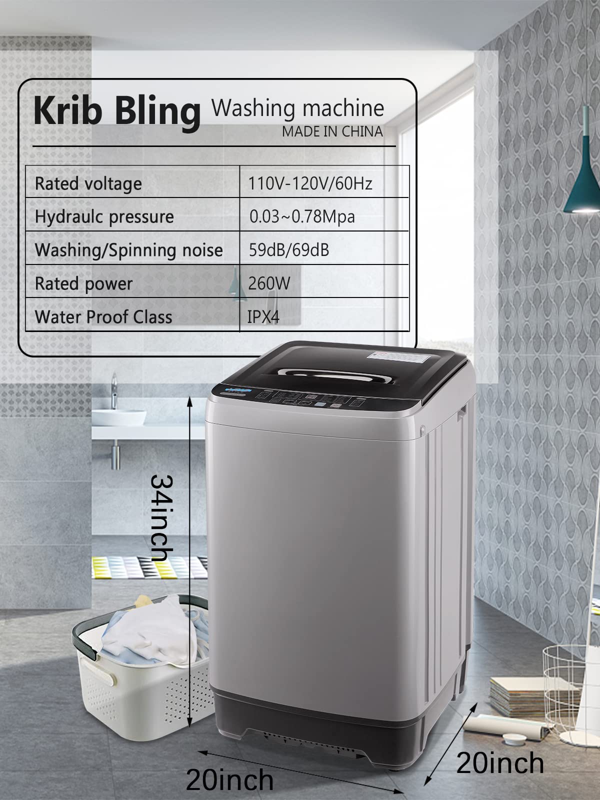 Krib Bling 17.7 lbs Full Automatic Washer with Drain Pump, Washing Machine with LED Display, 10 Washing Programs & 8 Water Levels Selections, Ideal for Camping, Apartment, Dorm, Dark Grey