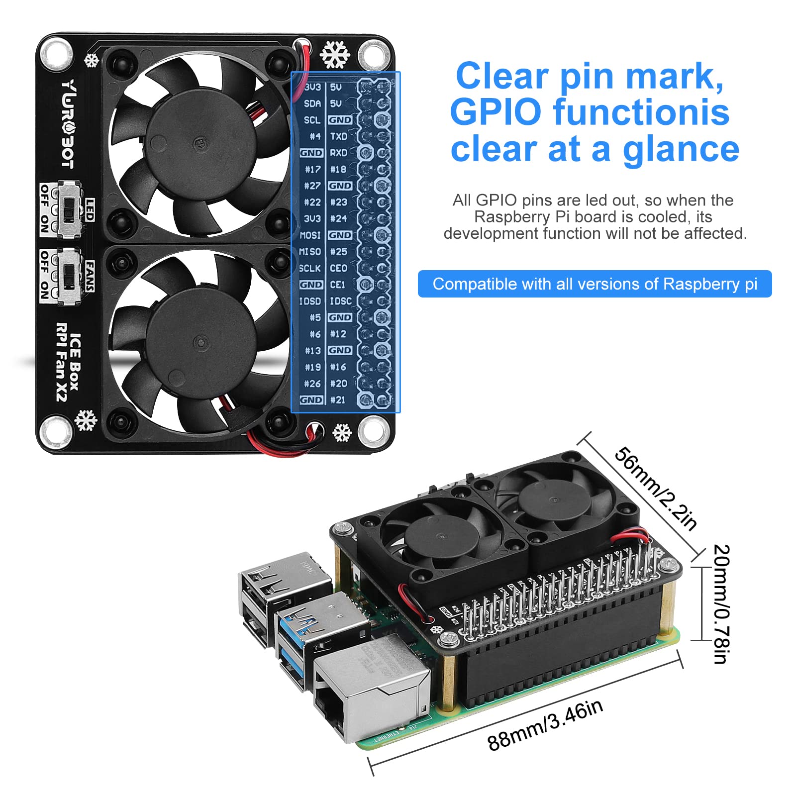 Raspberry Pi Fan 4B Dual Cooling Fans with Automatic Discoloration LED Raspberry Pi 4B Heatsink kit with 4 Cooling Fin Raspberry Pi GPIO Expansion Board Compatible with Raspberry Pi 4B/ 3B+/ 3B/ 3A+