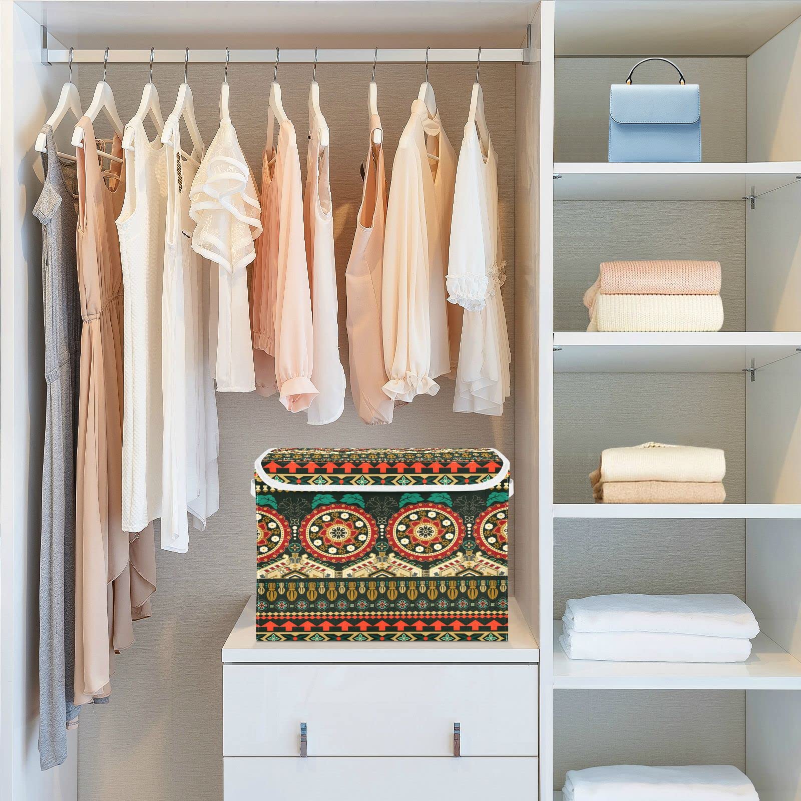 Kigai Boho Mandala Style Storage Basket 16.5x12.6x11.8 In Collapsible Fabric Storage Cubes Organizer Large Storage Bin with Lids and Handles for Shelves Bedroom Closet Office