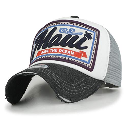ililily Maui Embroidery Patch Casual Mesh Baseball Cap Distressed Trucker Hat, White&Grey