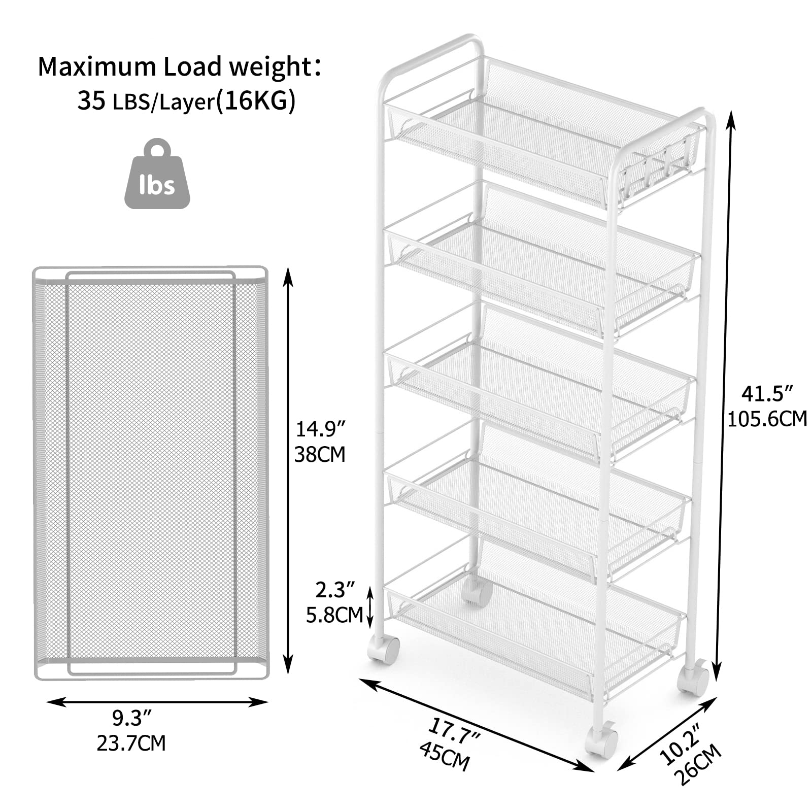 JANE EYRE 5-Tier Rolling Utility Storage Rack Cart on Wheels, Trolley Craft cart, Multi-Purpose Organizer Shelf, White