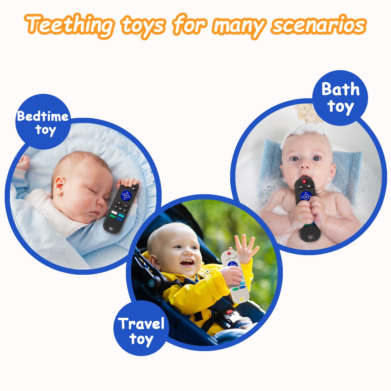 Mgtfbg 2 Pack Soft Silicone Teething Toys for Toddlers, Babies, Boys, Girls, 6-12 Months Baby Remote Control Shape Molar Teether Chew Toys Set Gift(Black+Grey)