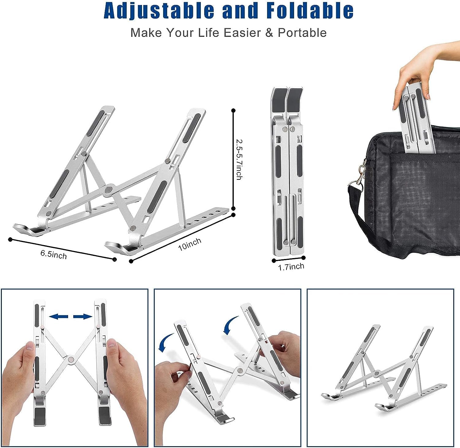 Laptop Stand Adjustable Computer Stand Aluminum Riser Holder Compatible with MacBook Air Pro, HP, Dell, More 10-15.6” Laptops Collapsible and Non-Slip Metal