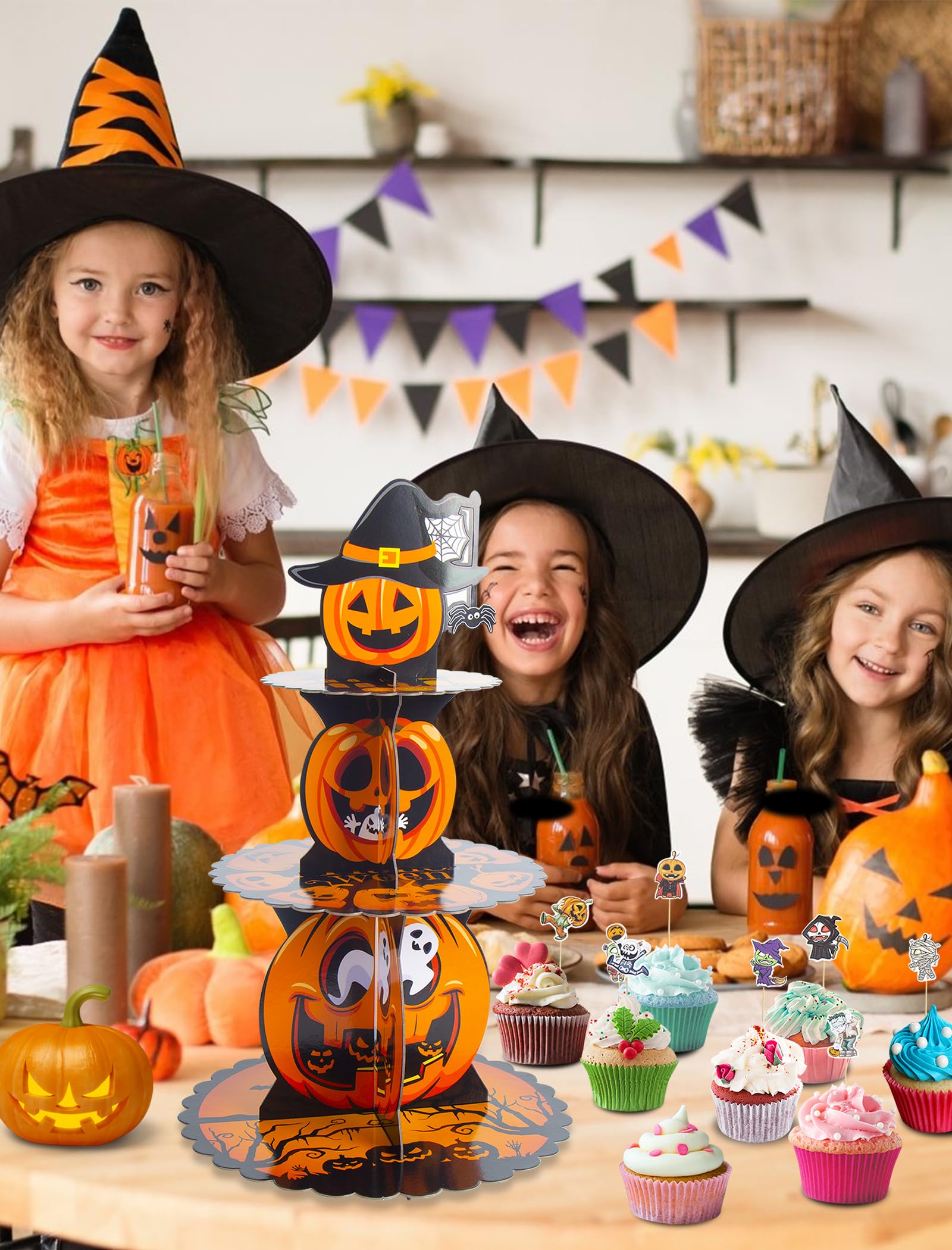 JROYJOY 3 Tier Halloween Cupcake Stand, Cupcake Tower with 16 Pcs Pumpkin Cupcake Toppers, Cake Stand for Dessert Table, Cupcake Display Stand for 24 Cupcakes Party Supplies Halloween Decorations