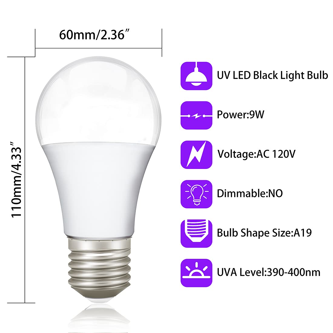 KREMRY UV LED Black Light Bulb, UVA Level 390-400nm,E26 Medium Base A19 Blacklight 9W (75Watt Equivalent) 100-240V, Glow in The Dark for Blacklight Party, Neon Glow,Fluorescent Poster-3Pack