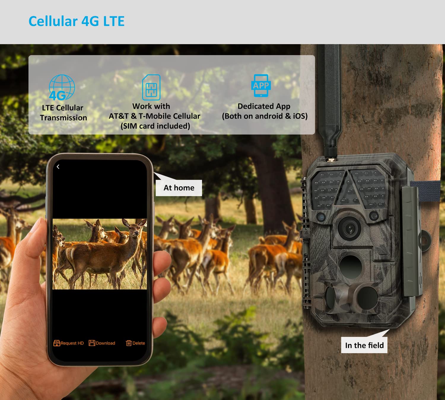 Meidase S900 Cellular Trail Camera, 4G LTE Game Camera, 32MP 1296p, 100ft No Glow Night Vision, Send Pictures to Your Cell Phone, Outdoor Wireless Security Camera