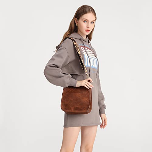 NOL Natural Organic Lifestyle Women Crossbody Handbag Retro Vegan Leather Messenger Bag with Romovable Leopard Shoulder Strap (Coffee Small)