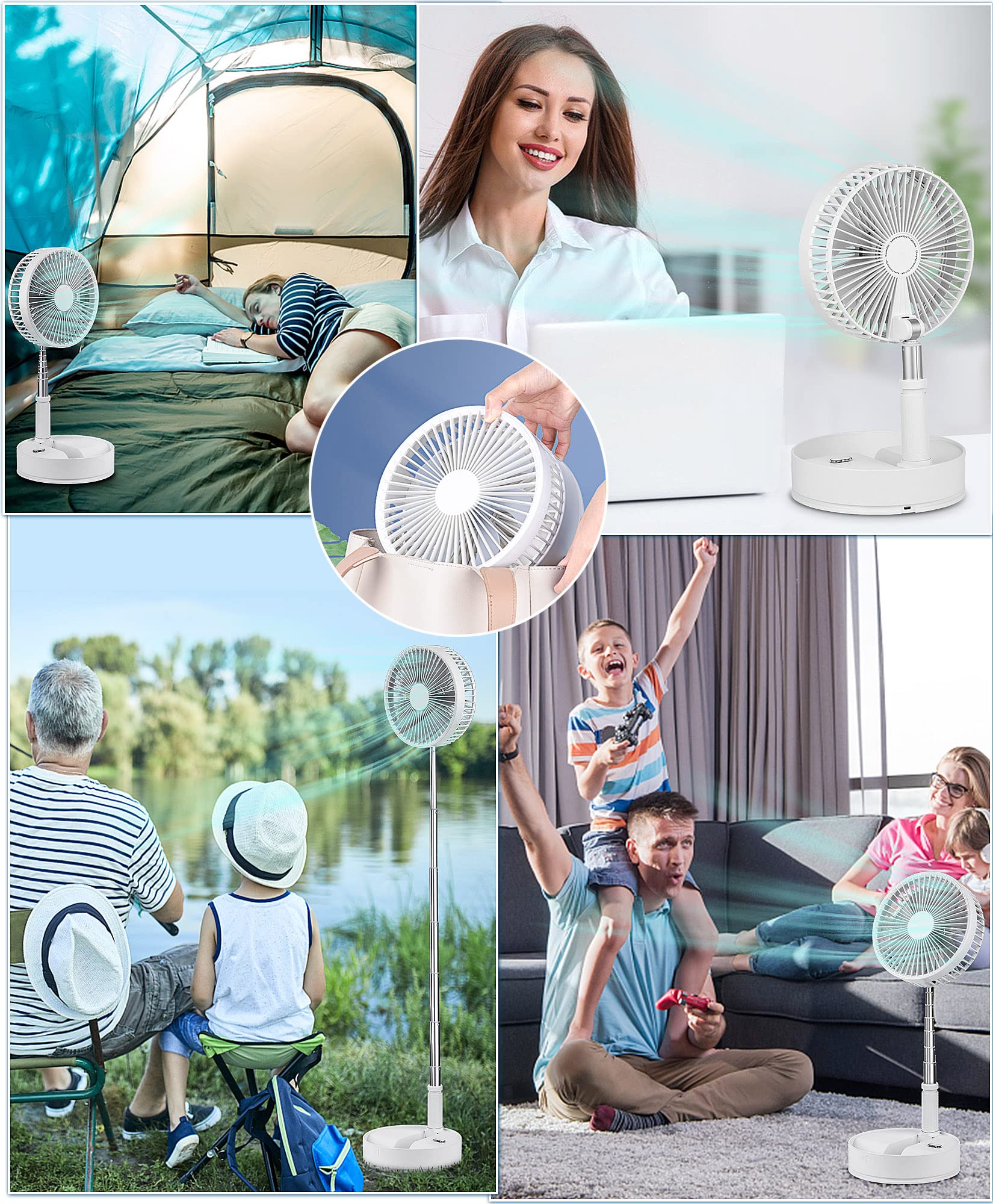 Oscillating Portable Standing Fan for Travel, 7200mAh Rechargeable Battery USB Powered Floor Table Fans, 8" Mini Quiet Folding Pedestal Fans with Remote Control for Personal Bedroom Office, White