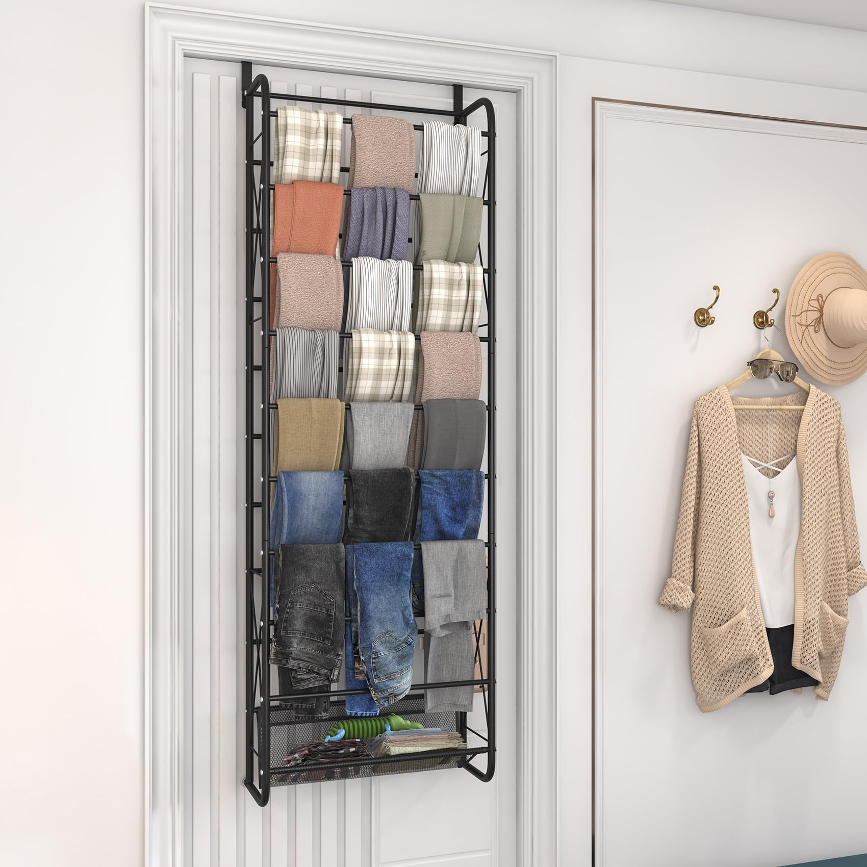 JSB 10 Tier Shoe rack Mesh fabric Over The Door Shoe Organizer X-structure Trouser hangers Closet Pantry Hanging Shoe Clothes Toys Storage Shelves (Black, 10 Tier)