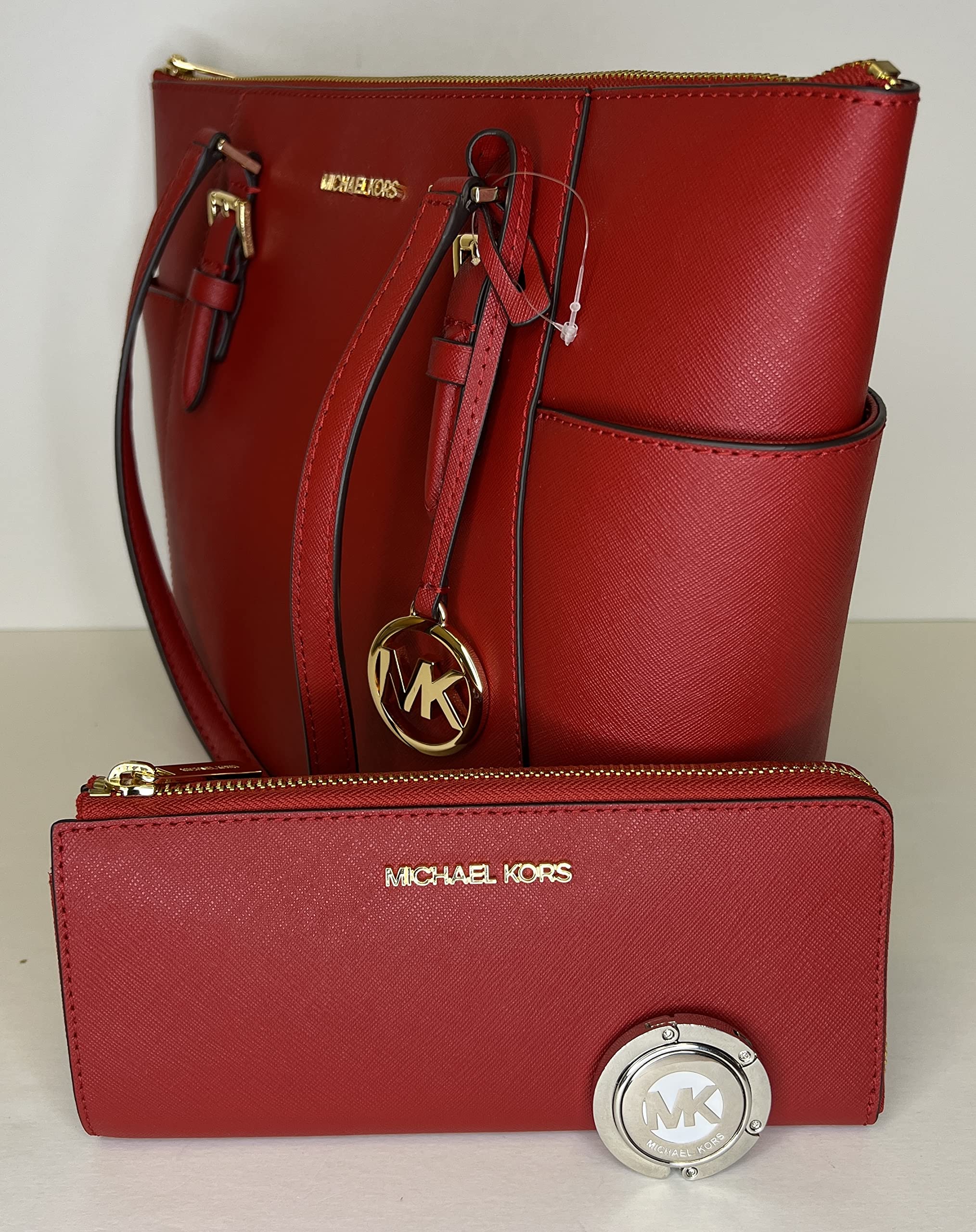 Michael Kors Charlotte Large Top Zip Tote bundled with Quarter-Zip Wallet Purse Hook (Chili Red)