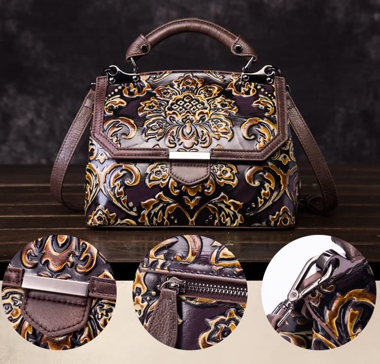 LMKIDS Genuine Leather Purses and Handbags for Women,Organizer Top Handle Satchel Vintage Embossing Totem Shoulder Bag (Coffee)