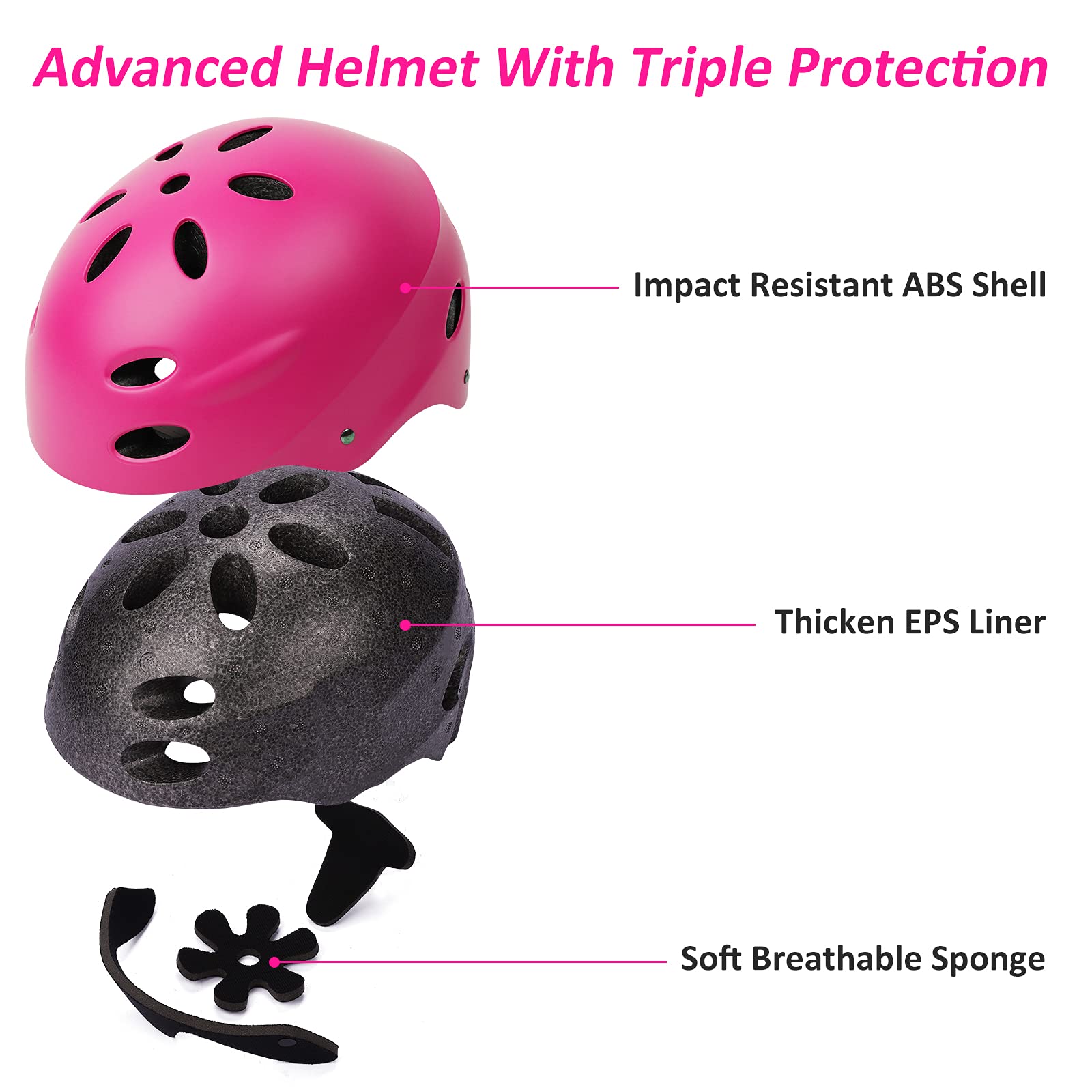 Kid's Protective Gear Set,Roller Skating Skateboard BMX Scooter Cycling Protective Gear Pads (Knee Pads+Elbow Pads+Wrist Pads+ Helmet) (Rose Red)