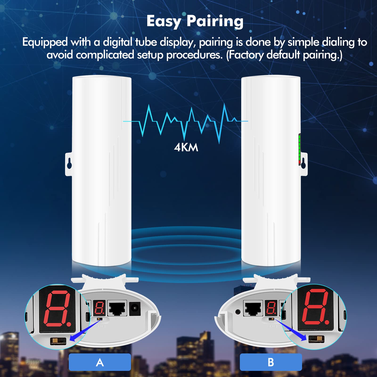 Outdoor Wireless Bridge, 5.8G 4KM Transmission WiFi Point-to-Point Wireless Ethernet Bridge Router, with 2 RJ45 LAN Ports, 2-Pack, Factory Pairing Without Setting, Plug and Play.