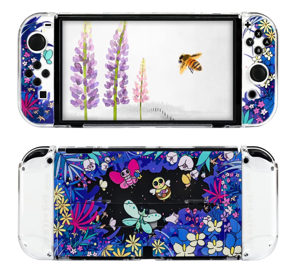 LASTYAL Cute Protective Case Compatible with Nintendo Switch OLED Model, Transparent Flip Shell for Switch OLED Console and Joycon Controller - Bee, Butterfly and Dragonfly