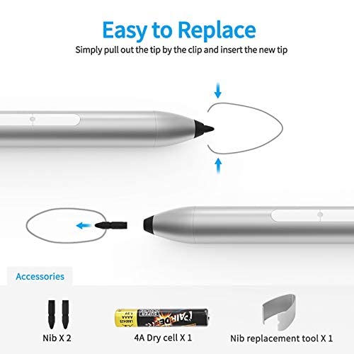 Kimwood - Stylus with 1024 Pressure Levels for Surface Pro X/7/6/5/4/3, Surface Go, Surface Book, Surface Laptop - Comes with AAAA Battery and Replacement Tip