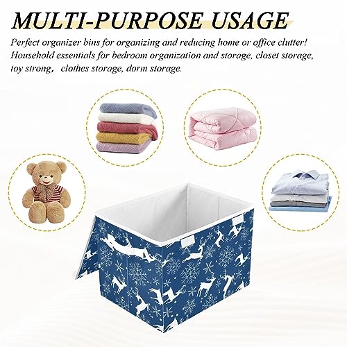 Krafig Foldable Storage Box Large Cube Organizer Bins Forest Animals Deer Blue Containers Baskets with Lids Handles for Closet Organization, Shelves, Clothes, Toys